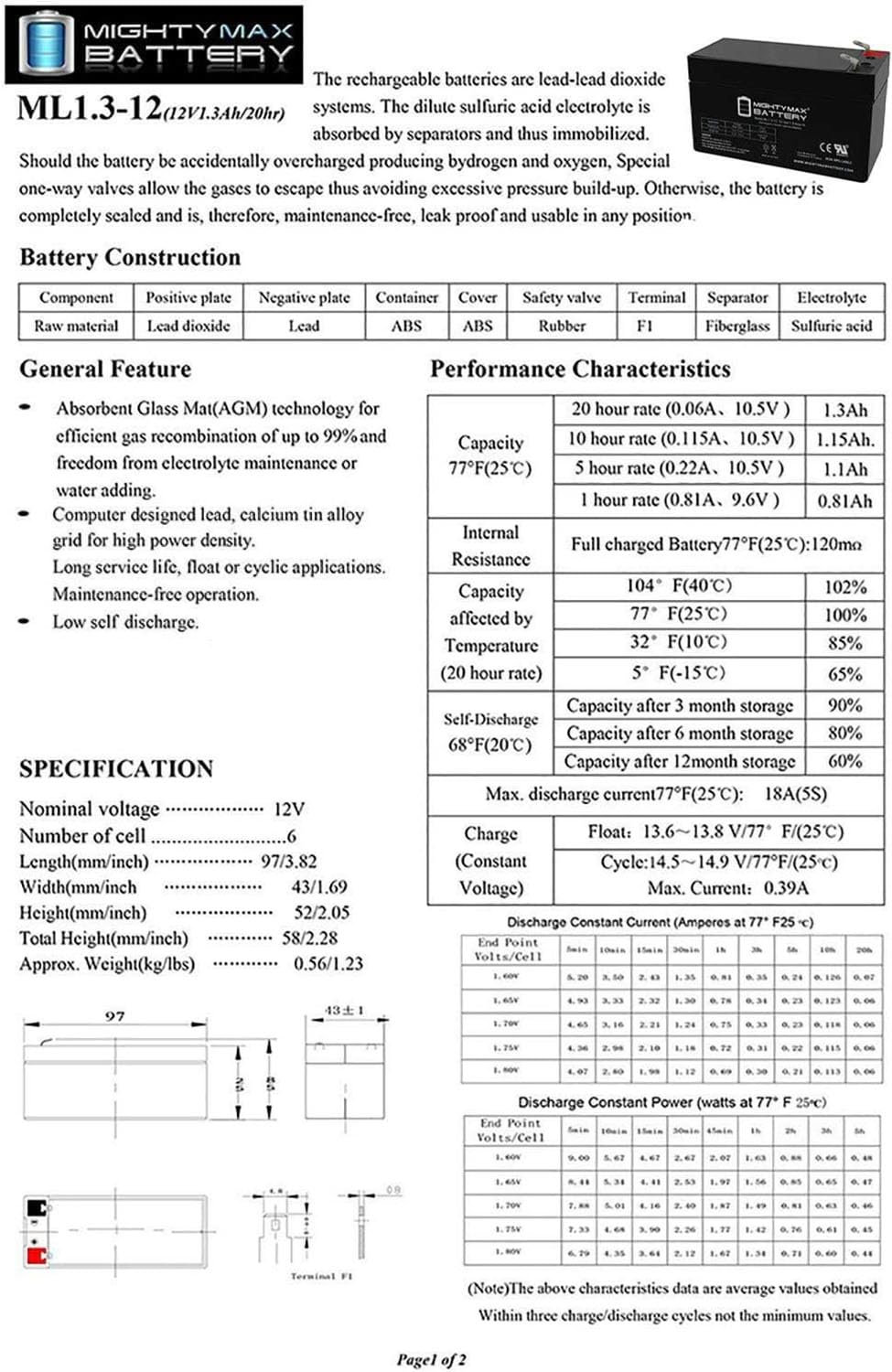 Mighty Max Battery ML1.3-12 - 12 Volt 1.3 AH SLA Battery - Pack of 2