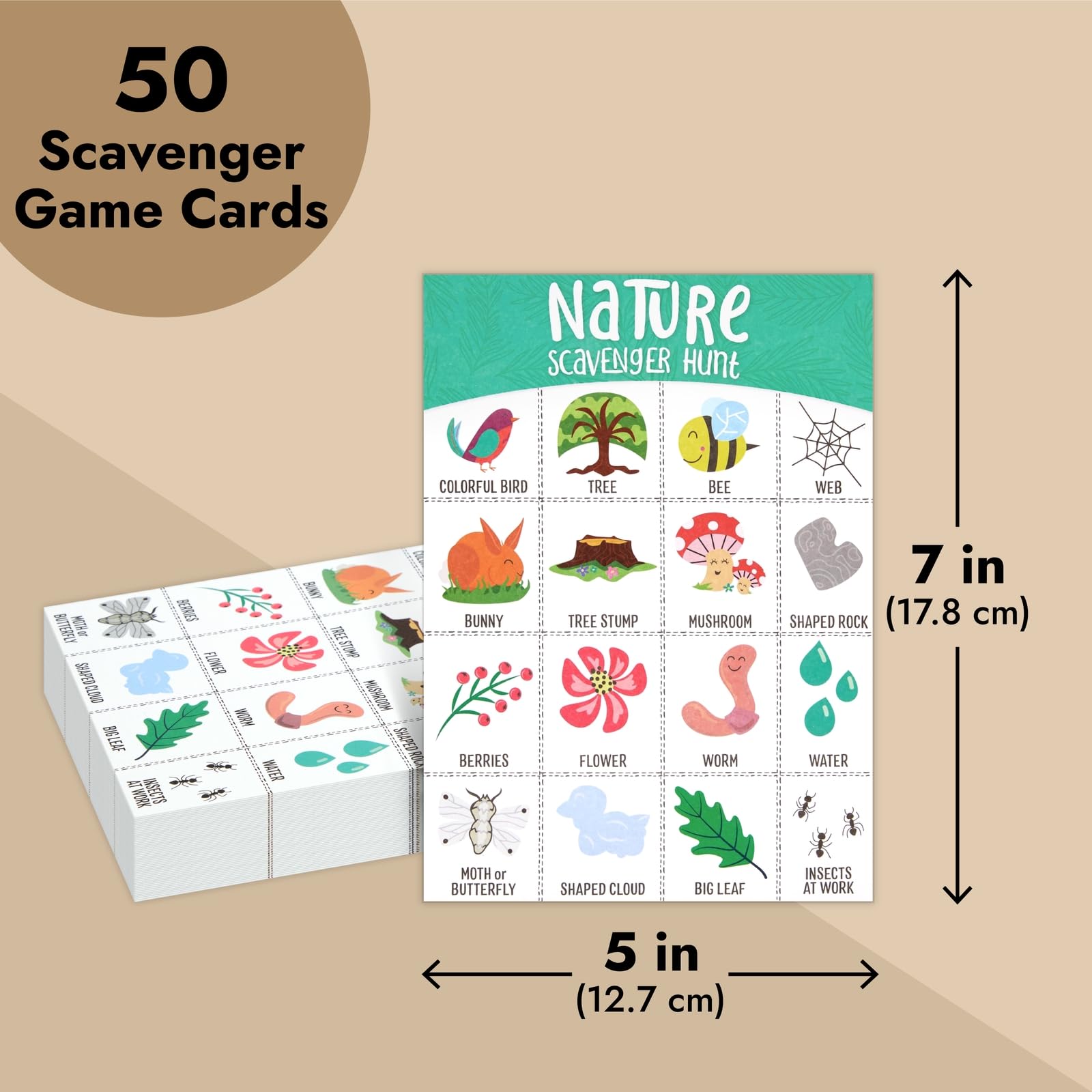 Juvale 50 Pack Nature Scavenger Hunt Cards for Kids Ages 4-8, Outdoor Find and Seek Camping Game