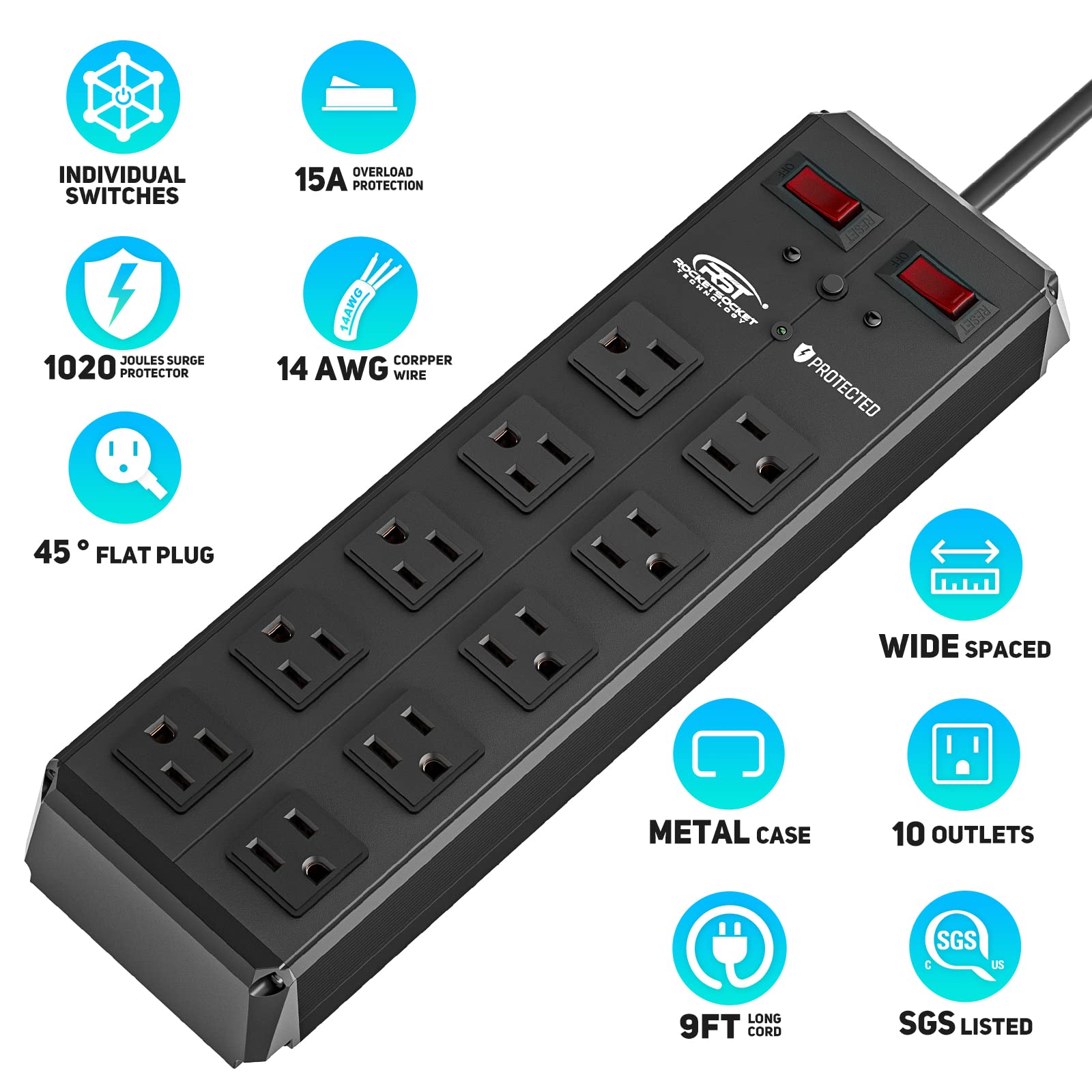 CRST 1875W Heavy Duty Power Strips with Individual Switches Metal Case, 15A Circuit Breaker(1020J) Surge Protector Power Strip, 9 FT Cord, Fit for Workshop, Garage, Home, Office