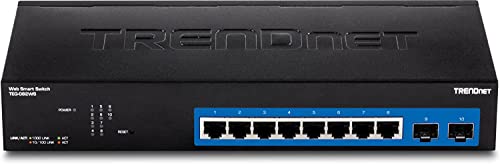 TRENDnet 10-Port Gigabit Web Smart Switch, 20 Gbps Switching Capacity, 8 x RJ-45 Ports, 2 x SFP, Slots, VLAN, QoS, LACP, IPv6 Support, Fanless, Rack Mountable, Lifetime Protection, TEG-082WS Black