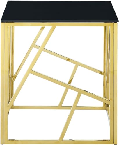 Black Side Table Small End Table with Mirrored Stainless Steel Metal Base, Square Tempered Glass End Table with Storage Modern Side Table, Living Room End Table Narrow Long Side Table Night Stand