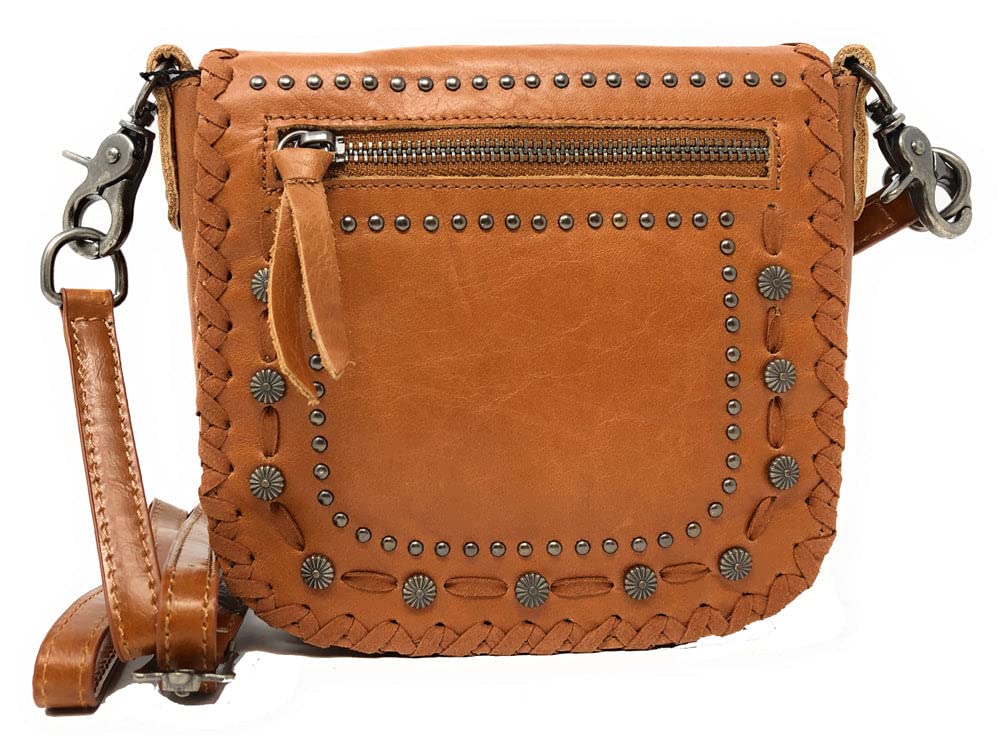 MMontana West Real Leather Messenger Purse Crossbody Purse Conchos Stitching Beige