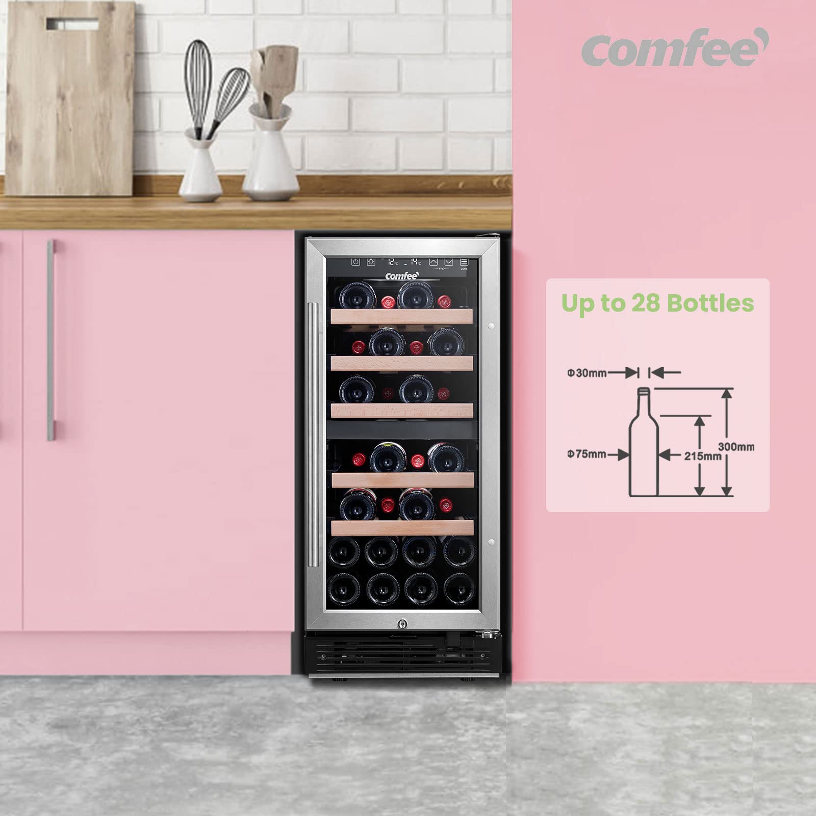 COMFEE' CRW28B7AST Freestanding & Built-in Wine Cooler, 28 Bottles Wine Fridge, Dual Cooling Zone, Digital Control, Glass Door Stainless Steel Frame