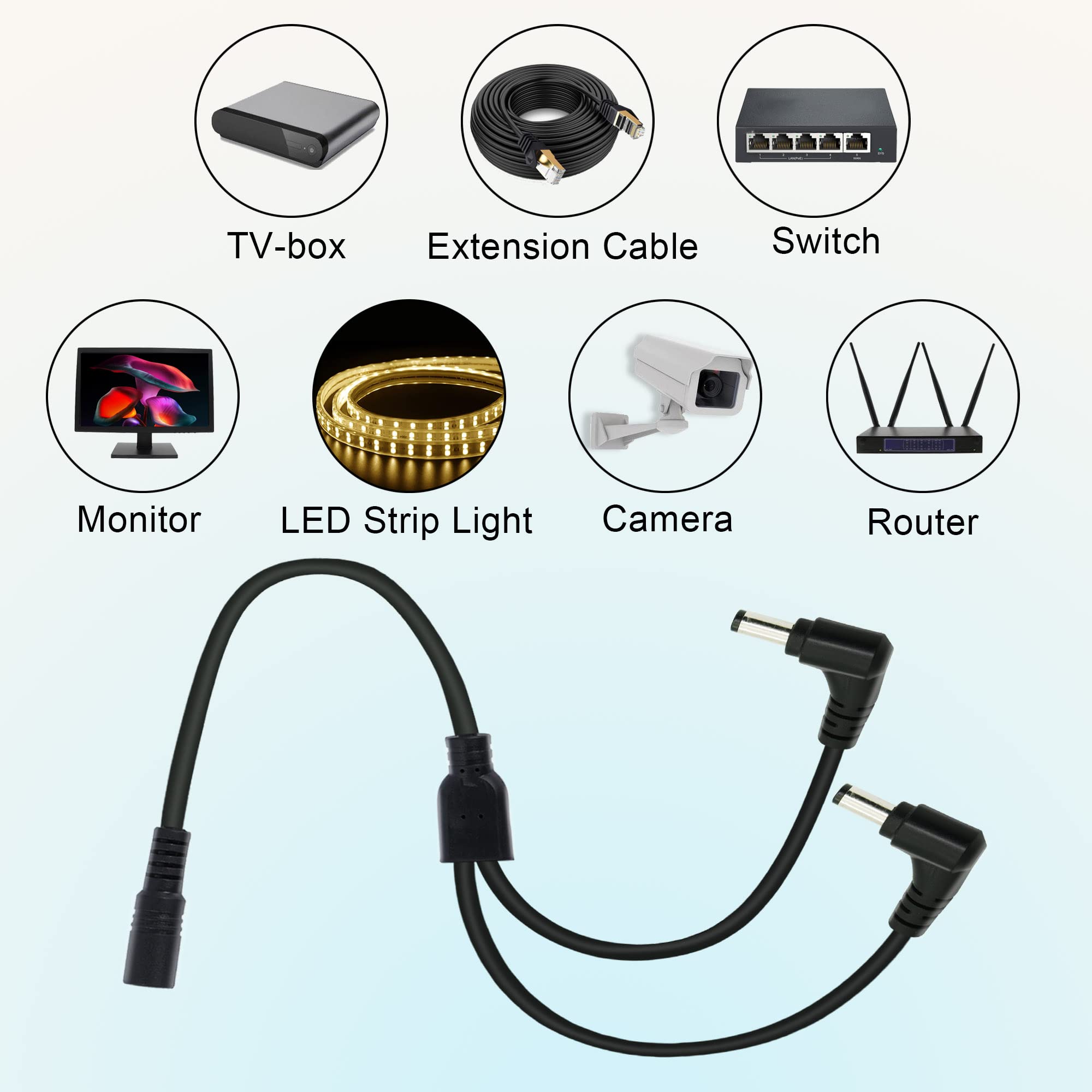 GINTOOYUN DC Splitter Cable 1 Female to 2 Right Angle Male, 12V DC 5.5mm x 2.1mm Y Splitter Adppter Female to 90 Degree Male Extension Cable 0.7m (1 to 2 Right Angle Way)