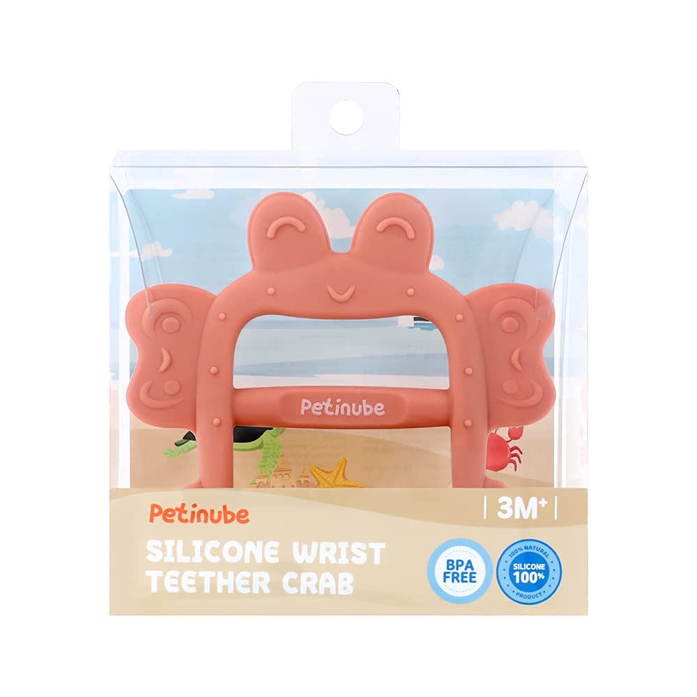 PETINUBE Baby Wrist Silicone Teether Soothing Pacifier for Infants 3+ Months Babies, Pack of 1, Made in Korea Anti-Dropping (Crab-Baby Coral)