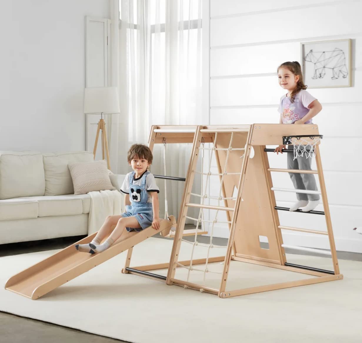 Hopscotch Squad Activity Indoor Kids Playground Jungle Climbing Gym, Toddlers Wooden 9-in-1 Play Set Climber