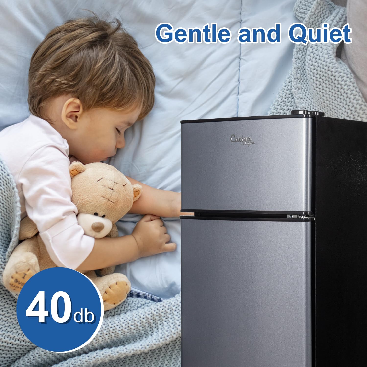 Cucina Magica Mini Fridge with Freezer, 3.2 cuft Small Refrigerator, 7 Adjustable Thermostat, Energy Saving, Low Noise, Double Door Compact Refrigerator for Dorm, Bedroom, Office