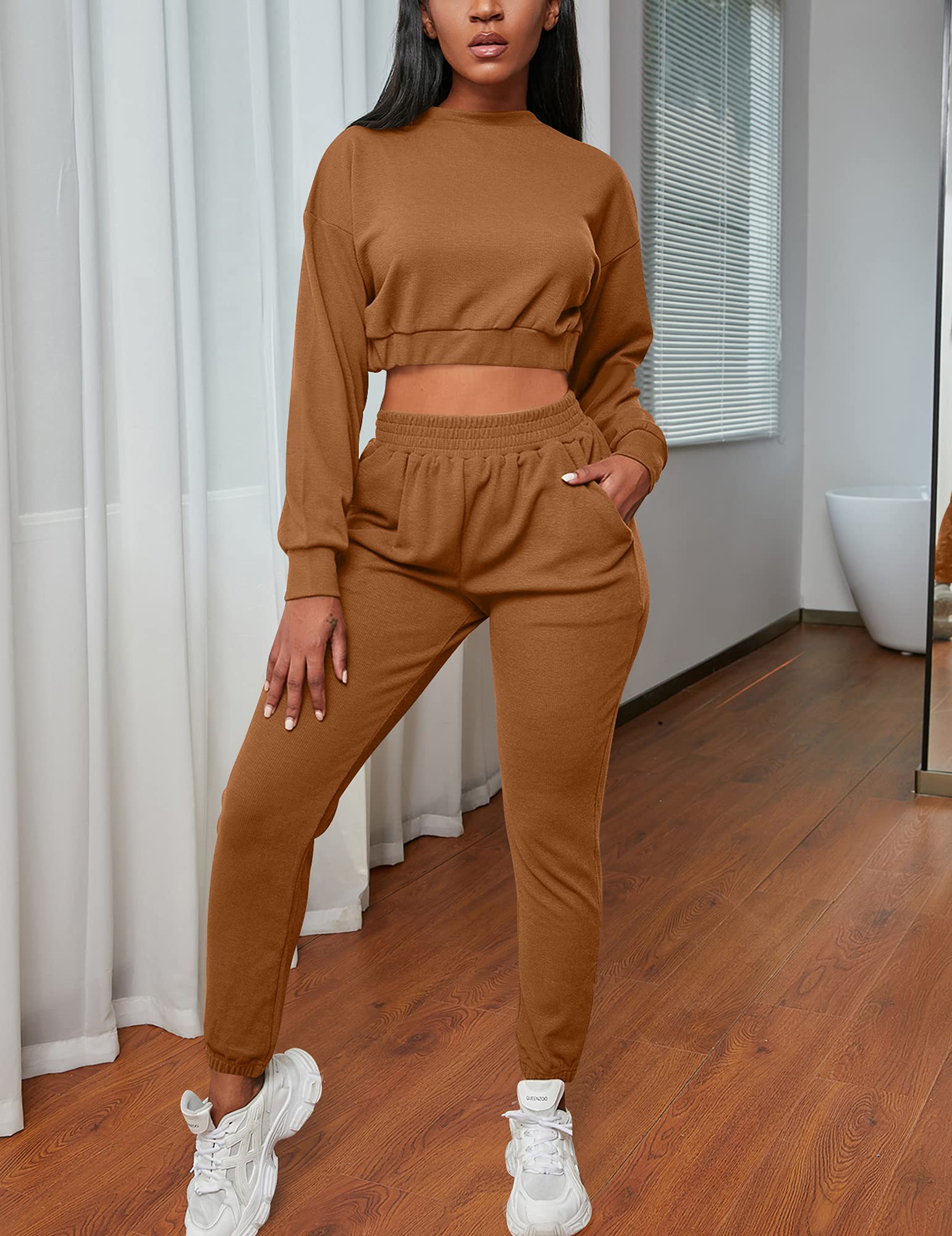BORIFLORS Women's Workout Track Suit 2 Piece Outfits Long Sleeve Sweatsuits Jogger Pants Sets,Medium,Coffee