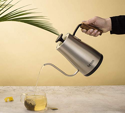 Brim 0.8L Gooseneck Kettle w Wood Handle, Easy Brewing Pour Over Coffee, Tea or Hot Beverages, 6 Variable Temperature Presets, Capacitive Smart Touch Interface, Cordless Power Base, Stainless Steel
