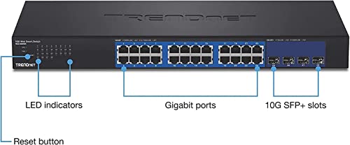 TRENDnet 28-Port Web Smart Switch, 24 x Gigabit Ports, 4 x 10G SFP+ Slots, High Speed Network Uplinks, 128 Gbps Switching Capacity,1U Rack Mountable,Lifetime Protection, Black, TEG-30284