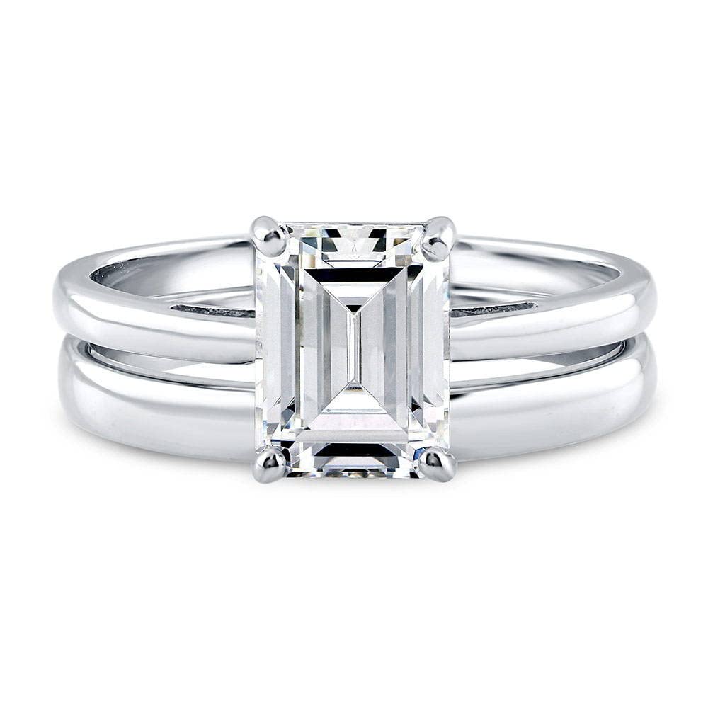 BERRICLE Sterling Silver Solitaire Wedding Engagement Rings 2.1 Carat Emerald Cut Cubic Zirconia CZ Ring Set for Women, Rhodium Plated Size 8