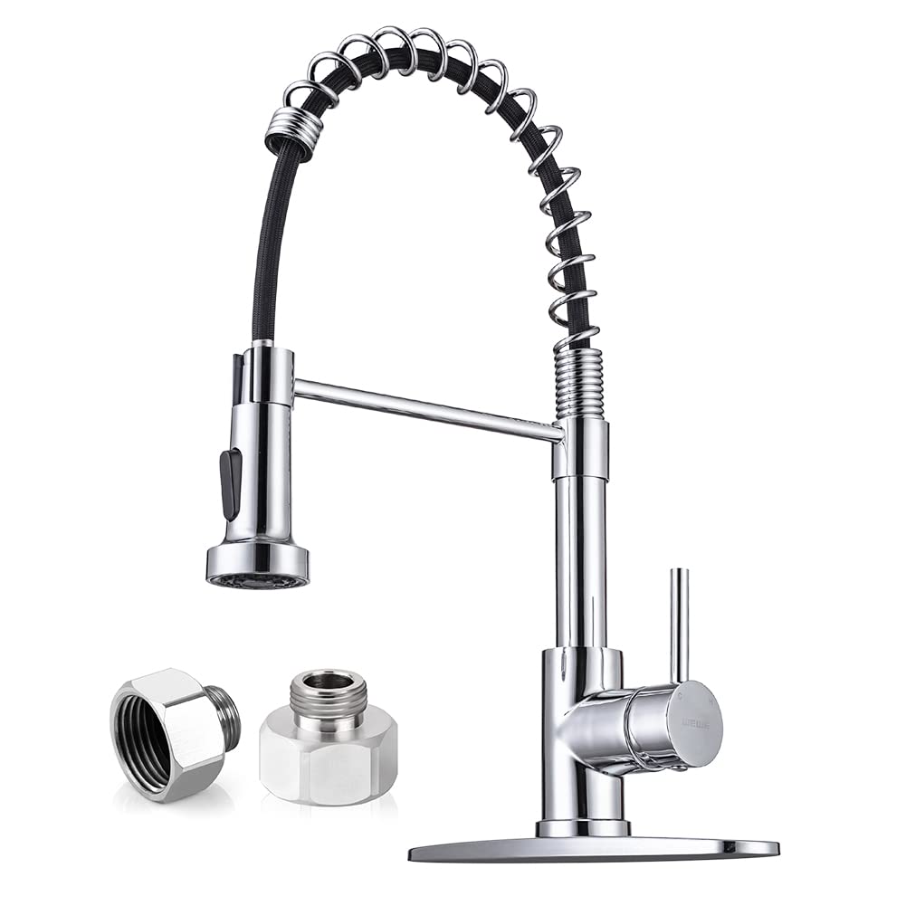 Chrome Kitchen Faucet, Faucet for Kitchen Sink with Pull Down Sprayer WEWE Kitchen Faucet with Deck Plate Stainless Steel Single Handle Spring for Farmhouse with Female 1/2 Adapters