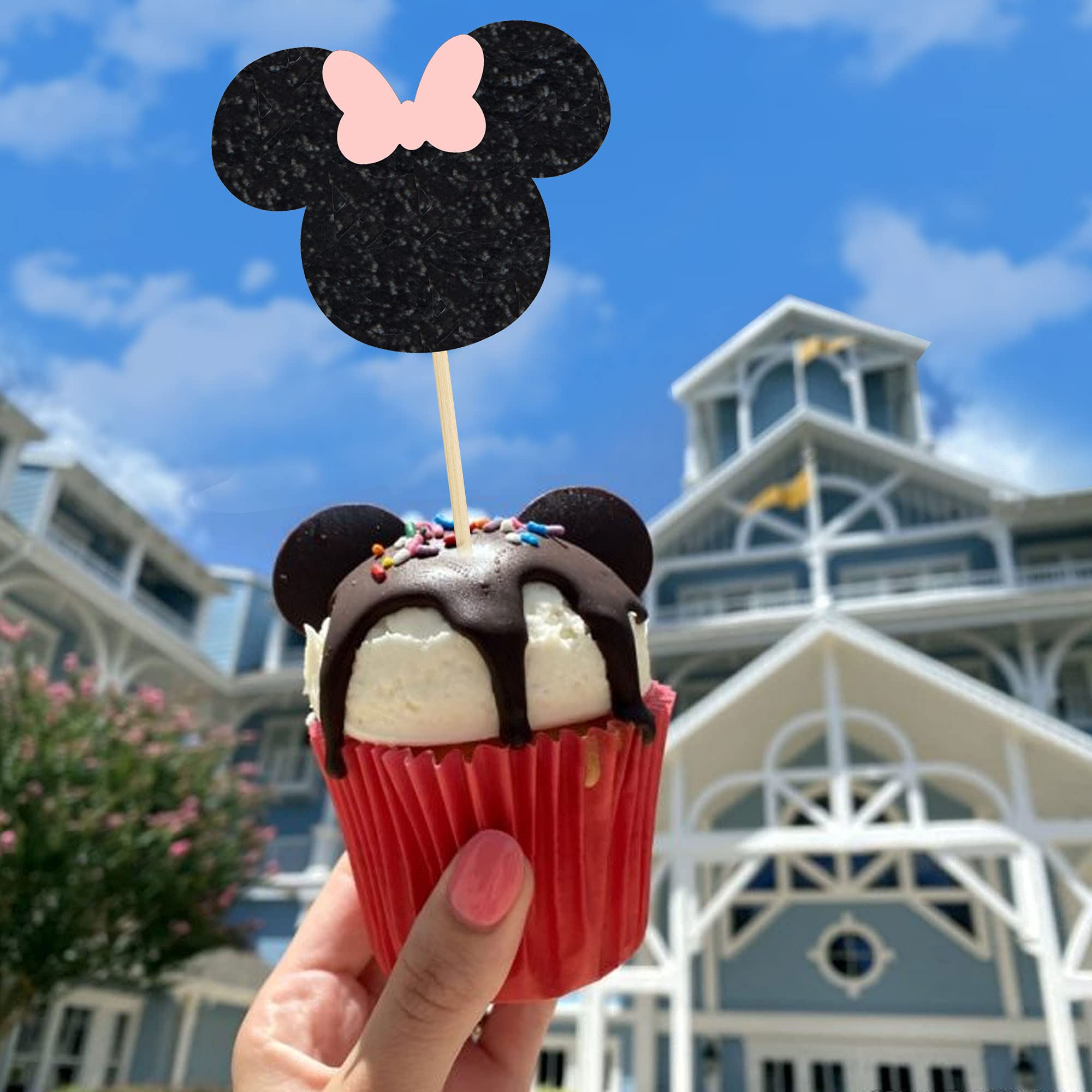 Gyufise Mouse Inspired Cupcake Toppers with Bow Black and Pink Glitter Mouse Cupcake Picks Baby Shower Wedding Kids Birthday Party Cake Decorations Supplies 36 Pack