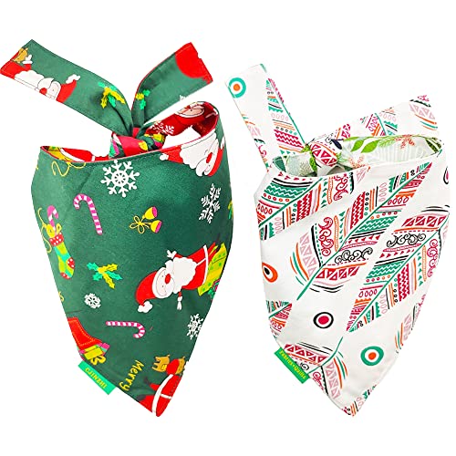 Dog Bandanas, 2 Pack Christmas & Florals Set Triangle Reversible Dog Pet Scarfs Cotton Adjustable Fit Triangle Bibs Accessories, Multiple Sizes Offered for Small Medium Large Dogs.