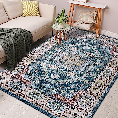 COZYLOOM 5x7 Area Rug Vintage Medallion Rug Blue Geometric Retro Rug Oriental Floral Floor Cover for Living Room Bedroom Non-Slip Tribal Home Office Rug Non-Shedding Soft Foldable Washable Rug