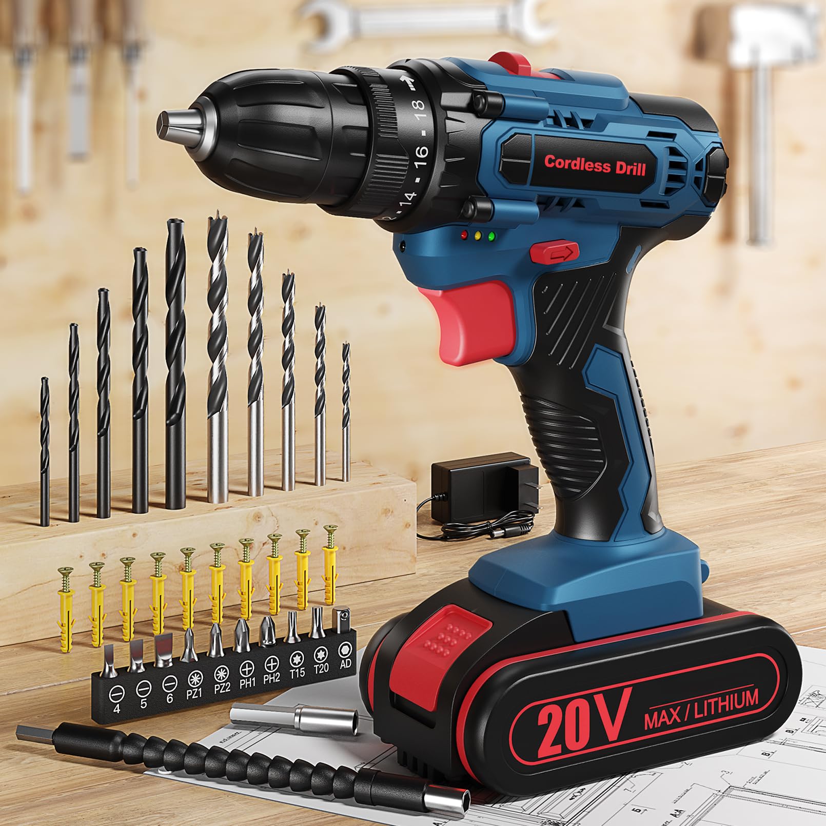Cordless Drill 20V, Drill Set with 42pcs Accessories and Battery 2.0Ah, Electric Drill 25+1 Torque Setting, 2 Speed, 3/8" Keyless Chuck, LED Light, Electric Power Drill for Home DIY and Garden Repair