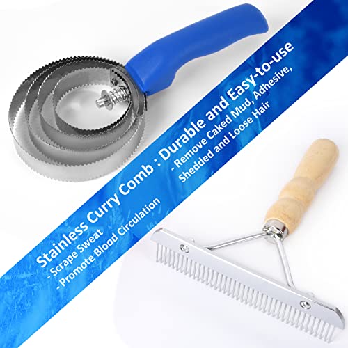 Horse Grooming Kit Blue Tote - 9pcs Horse Care Kit with Multi-Function Brushes & Curry Combs, Sweat Scraper, Hoof Pick, Hoof Knife for Horse Kit Horse Cleaning Tool Set Equine Grooming Portable