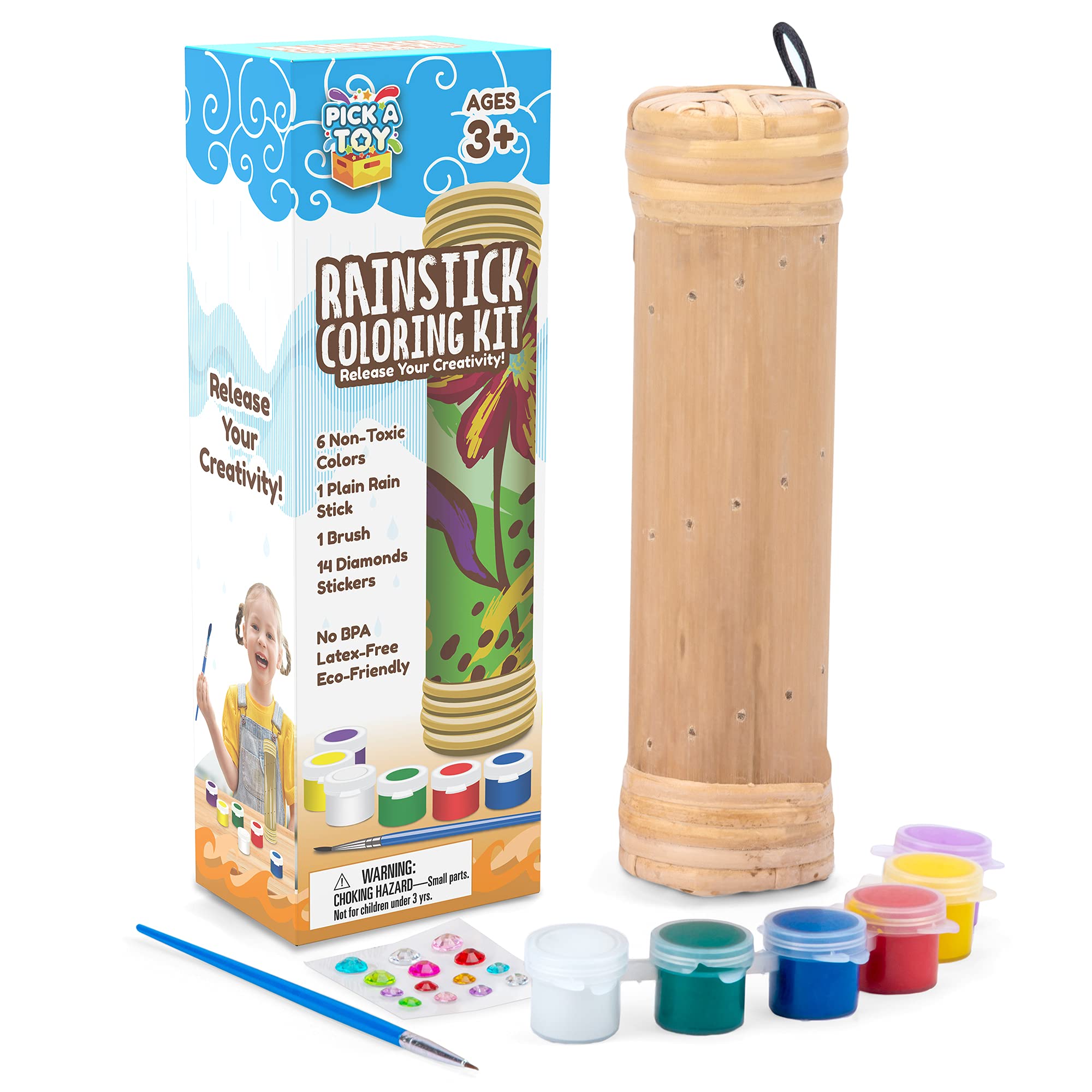 PICK A TOY DIY Rain Stick Musical Instrument with Paint, Paintbrush & Stickers, Fun Arts and Crafts Kit for Kids, Teens, and Adults, Natural Bamboo Wood, Crafting Gift Idea