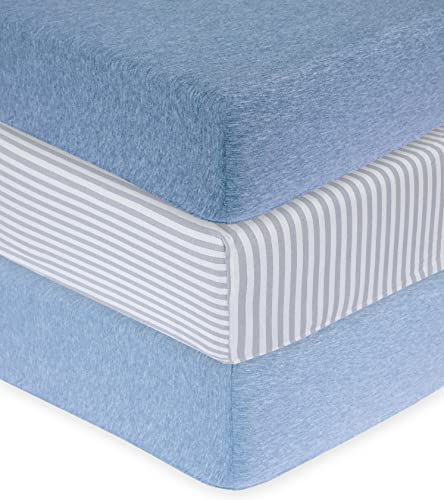 Dreamology 100% Cotton Jersey Knitted Mini Crib Sheets for Boys and Toddler, Soft and Breathable, Crib Sheets Girl Snug Fit, Machine Washable(P3,Denim Blue, Sky Blue/Gray Stripe, 38"x24"x6")