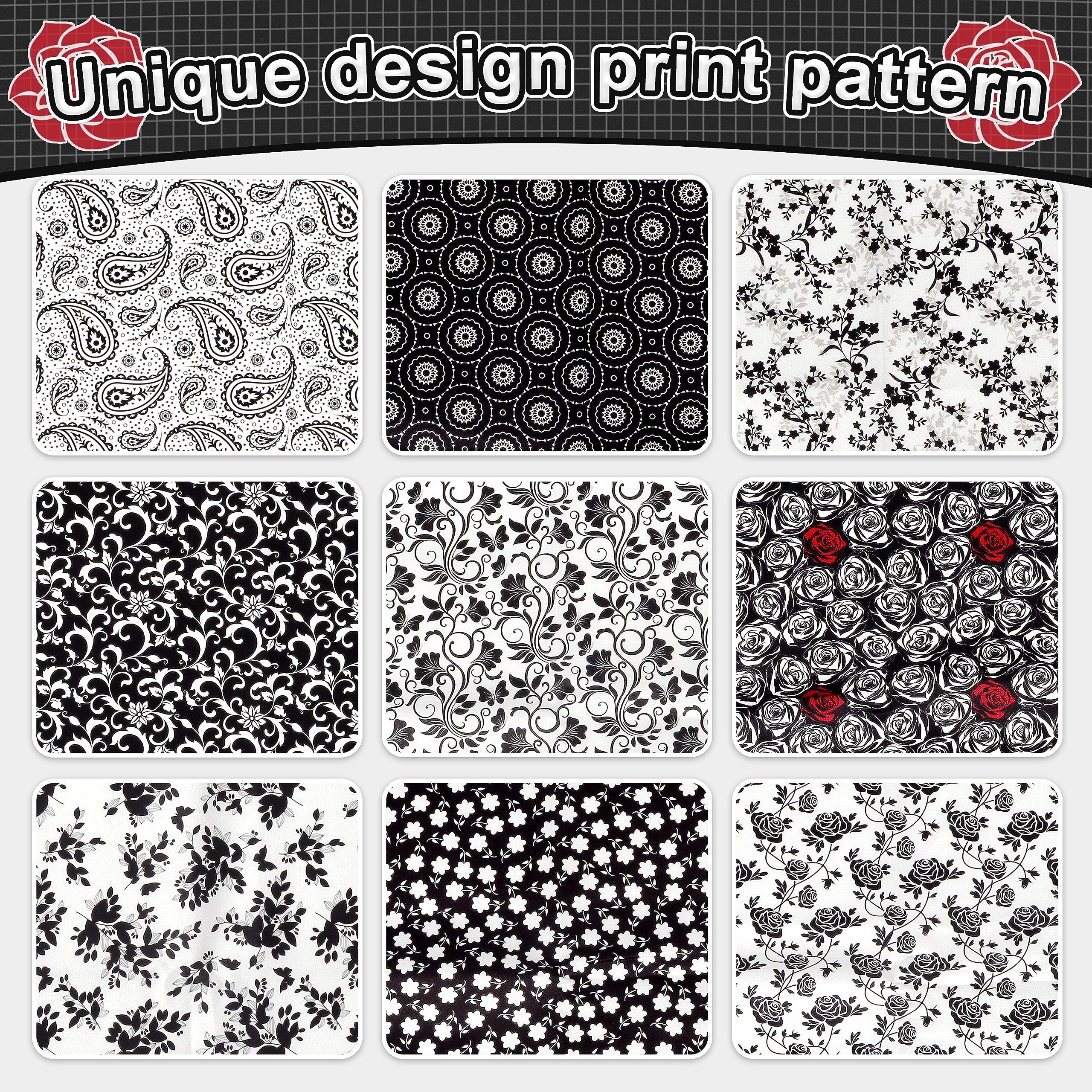 Black White Floral Cotton Fabric: ZAIONE 9Pcs Flower Printed Fabric Fat Quarters 18βx20β Quilting Squares for Patchwork DIY