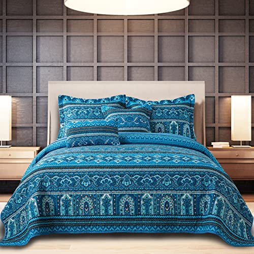 TWINRUN Boho 2 Quilt Sets King Size,Microfiber King Reversible Coverlets+Cotton Lightweight Quilted Bedspread Set