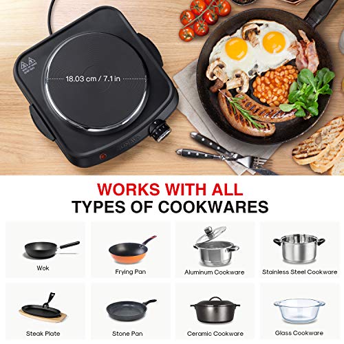SUNAVO 1500W Hot Plates for Cooking, Electric Single Burner with Handles, 6 Power Levels Stainless Steel Hot Plate for Kitchen Camping RV and More Black