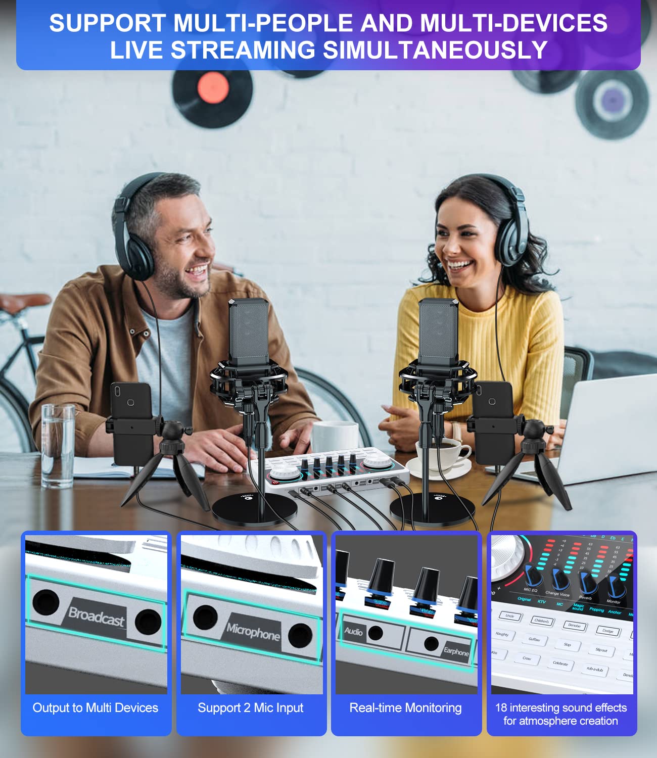 Podcast Equipment Bundle, tenlamp Q8 Podcast Microphone with Sound Board Voice Changer Mixer Controller, Studio Live Sound Card Kit for PC Smartphone Recording Live Streaming