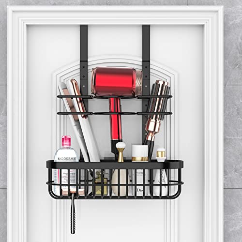 Hair Dryer Holder, Hair Dryer Holder Adjustable Height, Bathroom Hair Dryer Organizer Under Sink, Over Door/Over Cabinet Hair Dryer Holder for Flat Irons, Curling Wands, 3 Sections Large Capacity