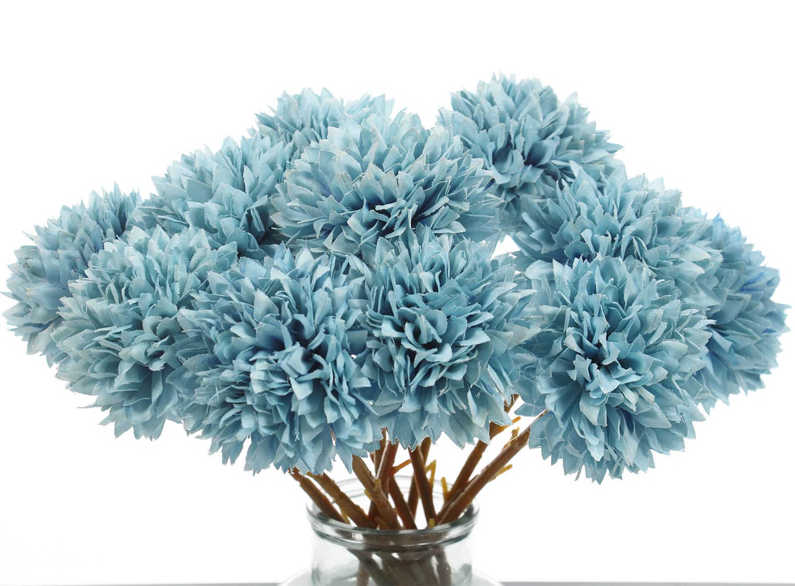 Tinsow 12 Pcs Artificial Flowers Faux Ball Chrysanthemum Bouquet Silk Light Blue Flowers Bridal Wedding Bouquet for Home Easter Party Wedding Decoration (Light Blue, 12)