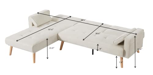 L-Shaped Sofa Bed, 94 Inch Sectional Sofa Corner Couch Sleeper w/Lounge Chaise and Side Pocket for Living Room (Left Side Lounger)