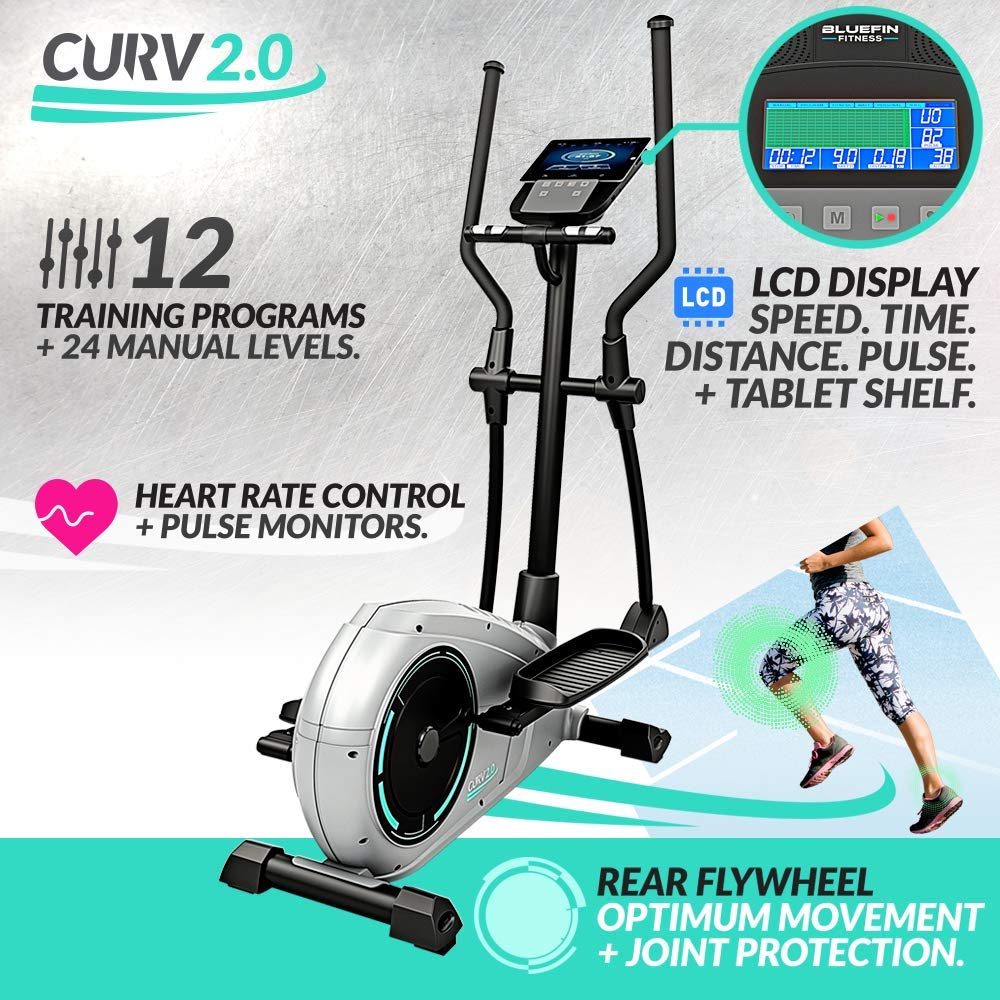 Bluefin Fitness CURV 2.0 Elliptical Cross Trainer | Home Gym | Exercise Step Machine | Air Walker | Compact | Kinomap | Live Video Streaming | Video Coaching & Training | Black & Grey Silver
