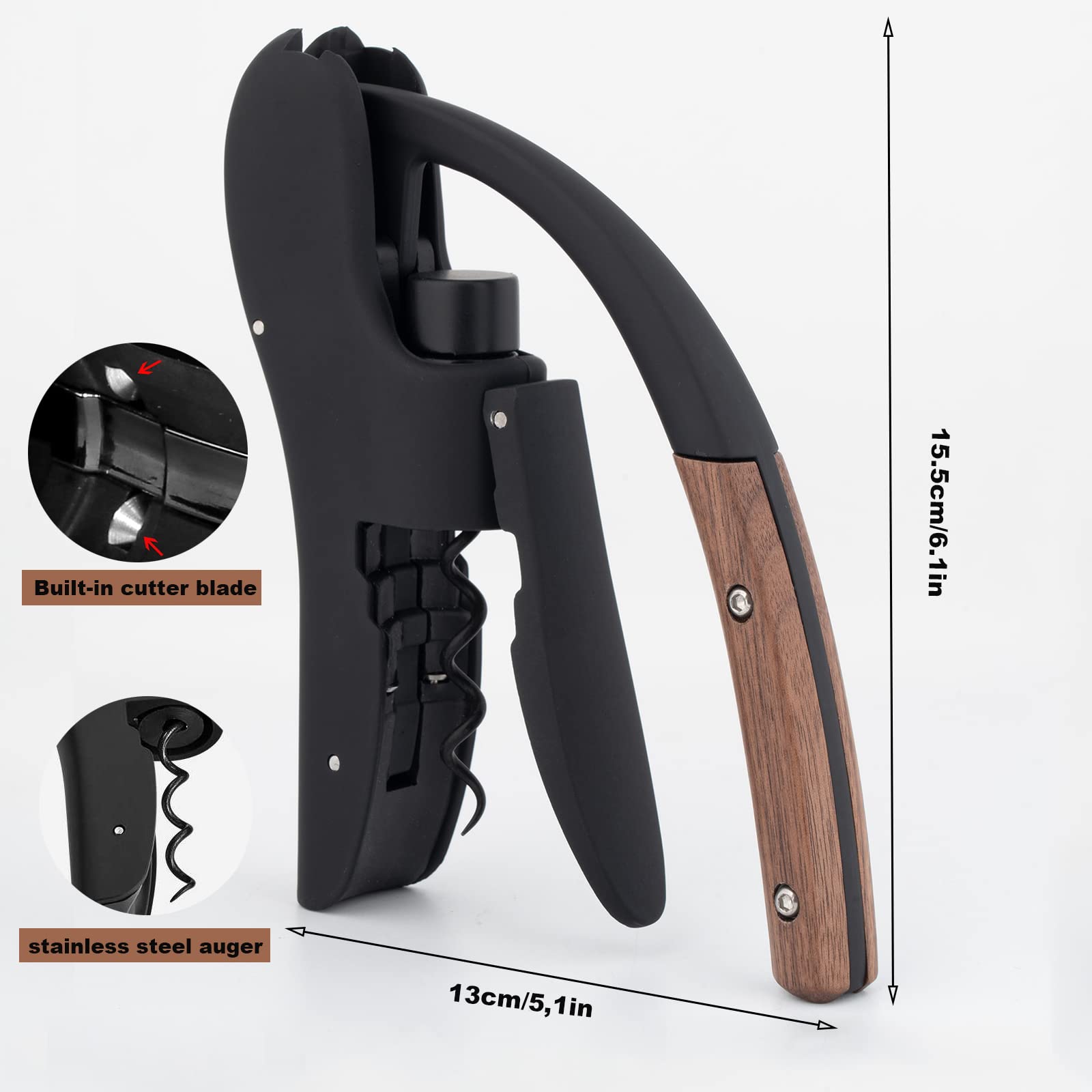 Wine Opener,Compact Vertical Corkscrew Wine Bottle Opener with Wood Handle and Built-in Foil Cutter,Wine Key for Servers and Bartenders,Gifts
