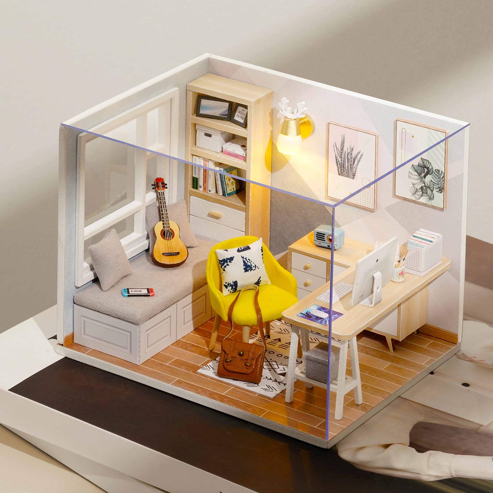 piberagi DIY Miniature Dollhouse Kit, 1:32 Scale Creative Room Mini Wooden Doll House with Furniture Plus Dust Proof for Kids Teens Adults(Study Room)
