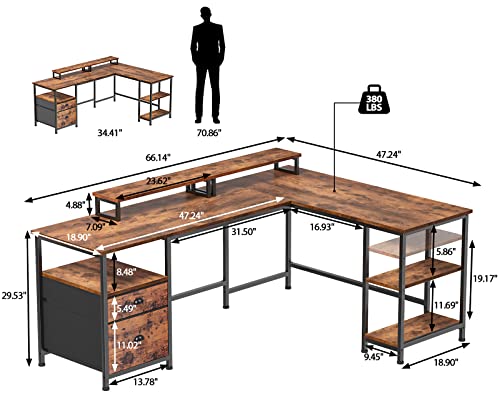 Furologee 66" L Shaped Computer Desk with Shelves, Corner Gaming Desk with File Drawer and Dual Monitor Stand, Large Home Office Desk Writing Study Table Workstation, Rustic Brown