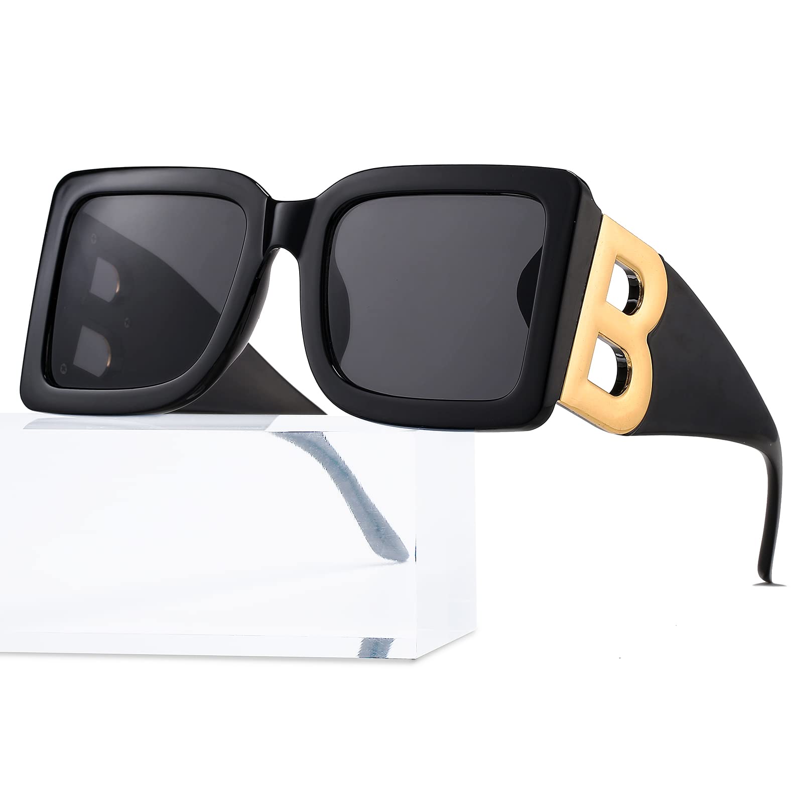 Breaksun Fashion Big Square Sunglasses for Women Men Classic Black Luxury Designer Sun Glasses Thick Frame Gradient Tint (Black/Grey/Gold Character)