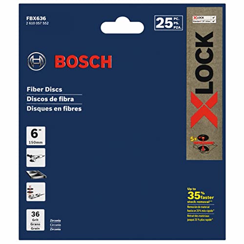BOSCH FBX636 25-Pack 6 In. X-LOCK Coarse Grit Abrasive Fiber Discs 36 Grit Compatible with 7/8 In. Arbor for Applications in Metal Surface Finishing, Weld Blending, Rust Removal