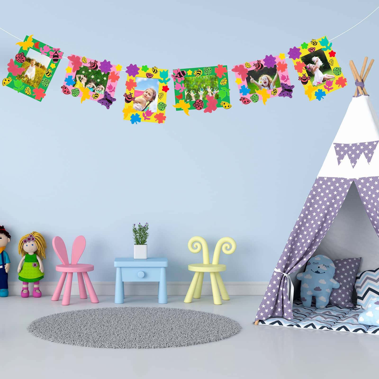 Spring Picture Frame Craft Kits for Kids, Foam Picture Frames DIY Craft Photo Frames with Flower Butterfly Foam Stickers for Home Classroom Game Activities Bulletin Board Decoration (177 Pcs)