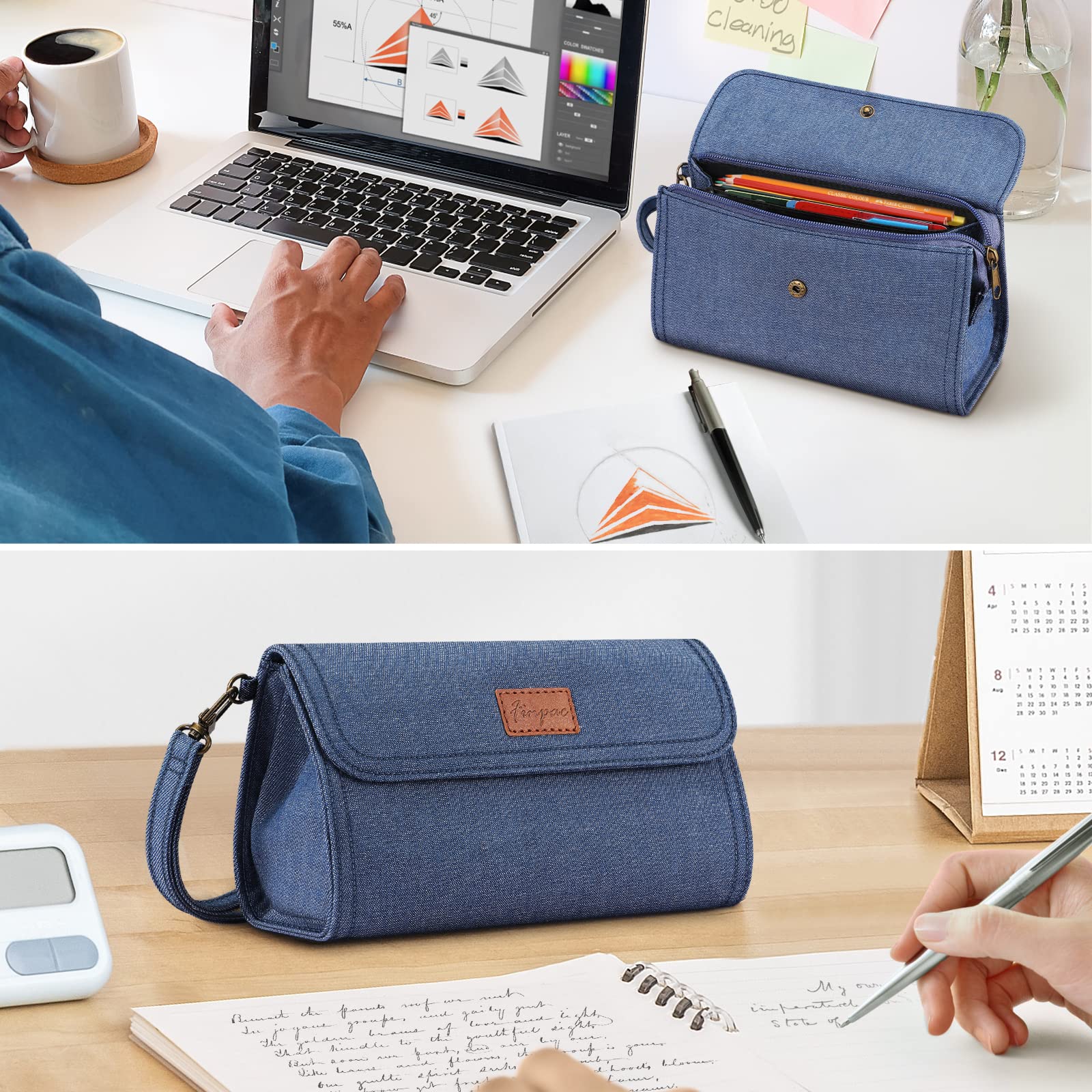 FINPAC Big Capacity Pencil Case, Pen and Marker Holder Organizer Bag, Canvas Pencil Box Stationery Pouch w/Zipper and Wrist Strap for Adults Artist College Senior, Navy