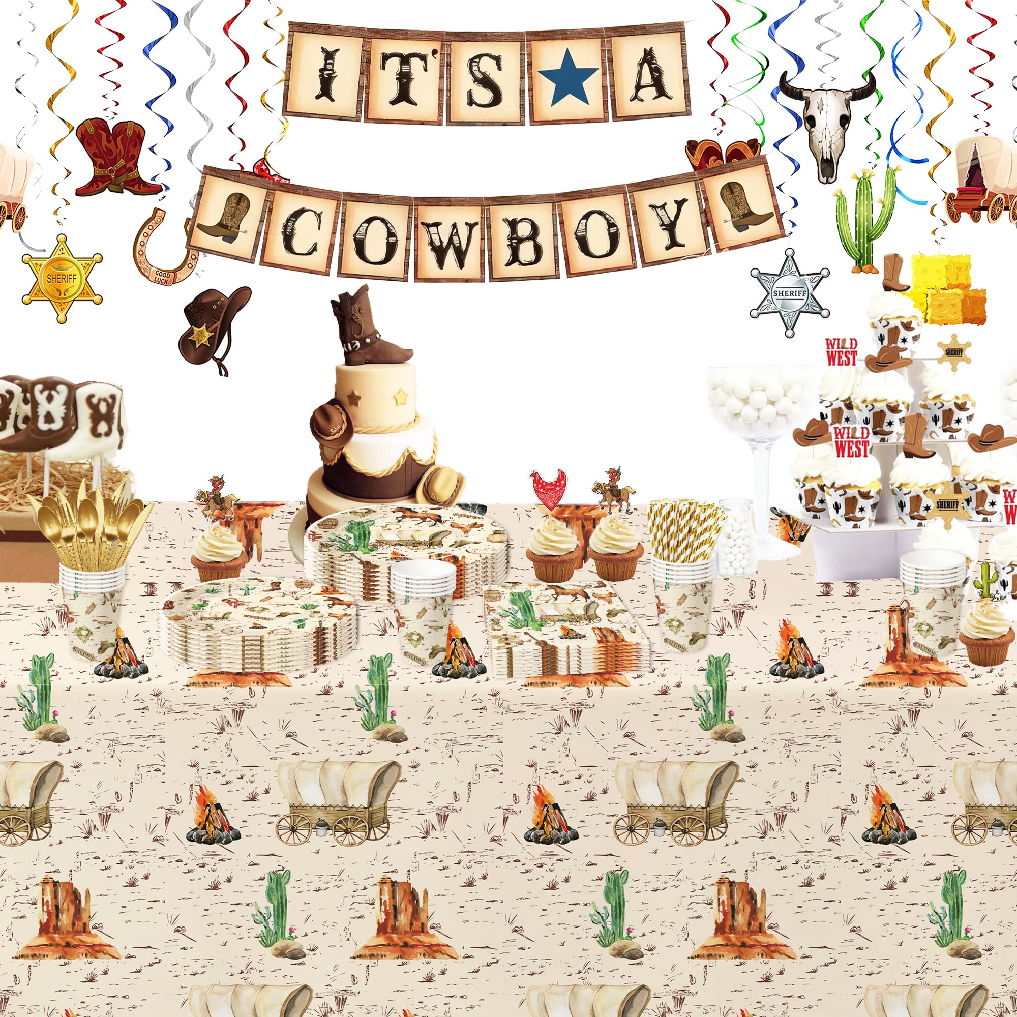 HIPVVILD Western Cowboy Party Decorations Tableware For Birthday & Baby Shower - Wild West Party Supplies, Plate, Cup, Napkin, Tablecloth, Cutlery, Straw, Rodeo Party Decorations Dinnerware | Serve 24