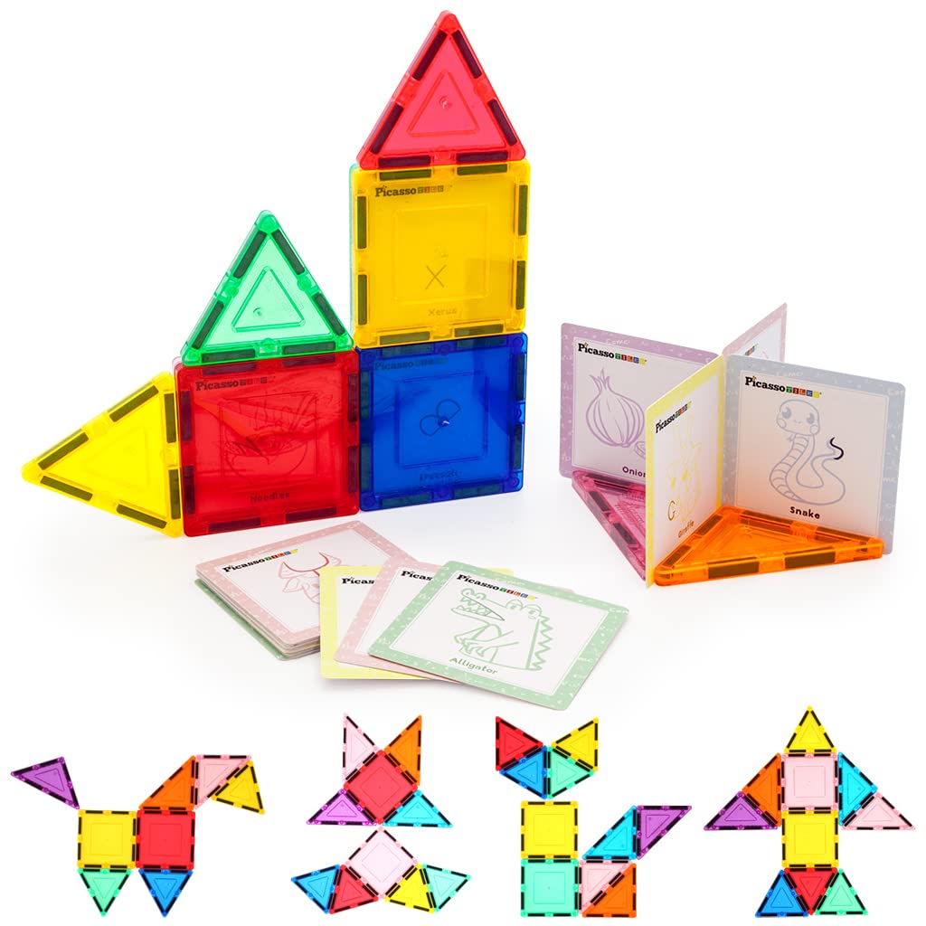 PicassoTiles Magnetic Building Tiles Learning Set with Animal, Food and Letters Card Magnet Block Combo Set Attachable Magnify STEM Educational Construction Set for Boys & Girls Ages 3+