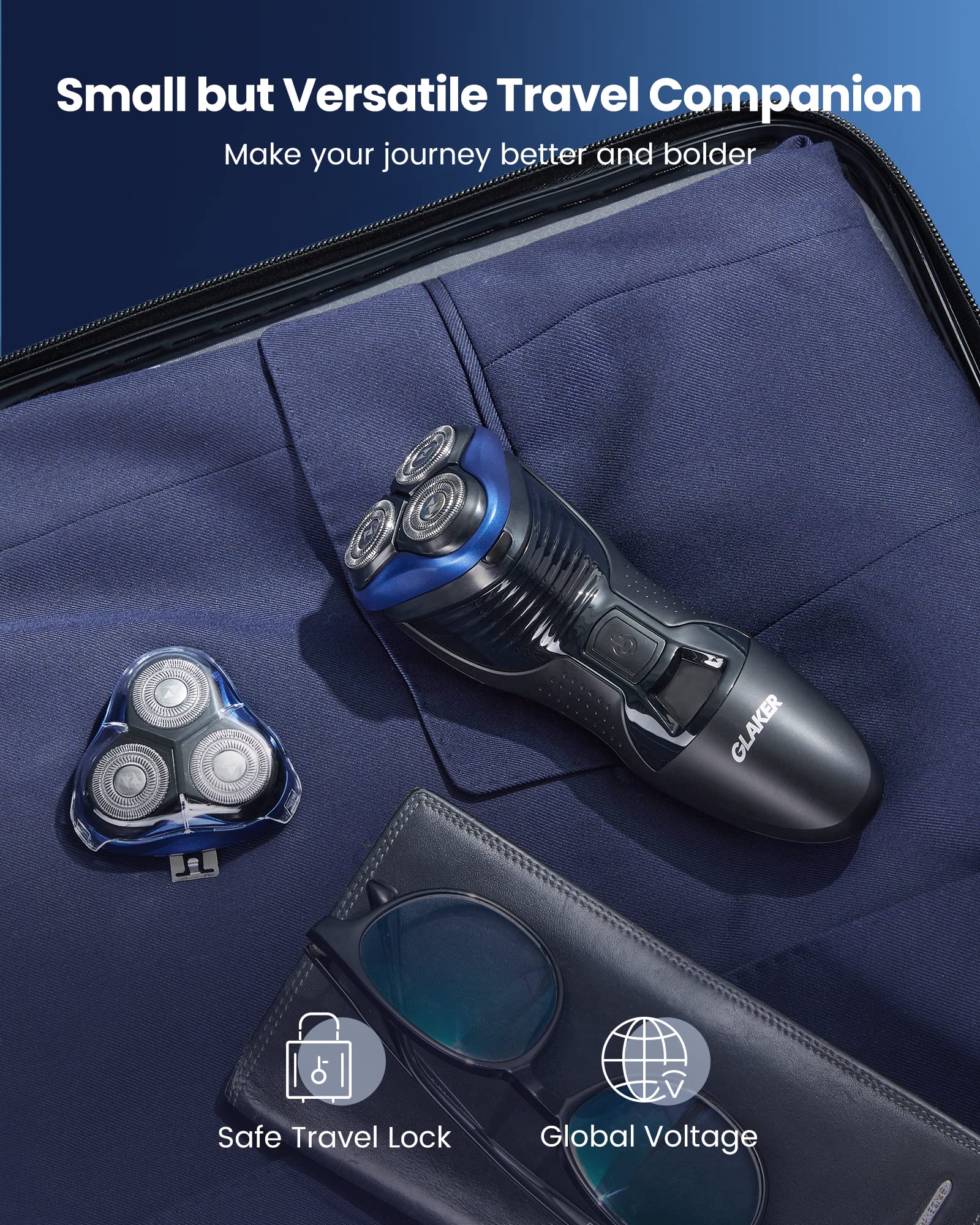 GLAKER Electric Razors for Men, Mens Electric Shaver Razor with Extra Shaver Head Cordless Waterproof Rechargeable, Electric Rotary Shaver with Pop-up Trimmer, LCD Display for Father's Gift