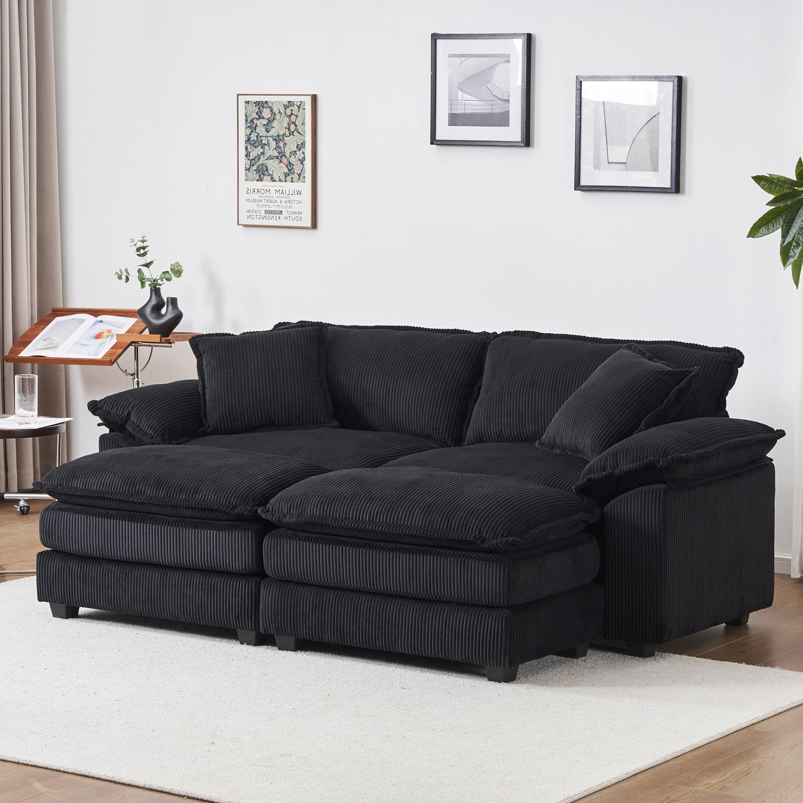Corduroy Overstuffed Double Chaise Lounge, Oversized Modular 2 Seats Sofa Ottomans & Pillows,Comfy Deep Seat Cloud Couch for Living Room Bedroom Nursery (Black)