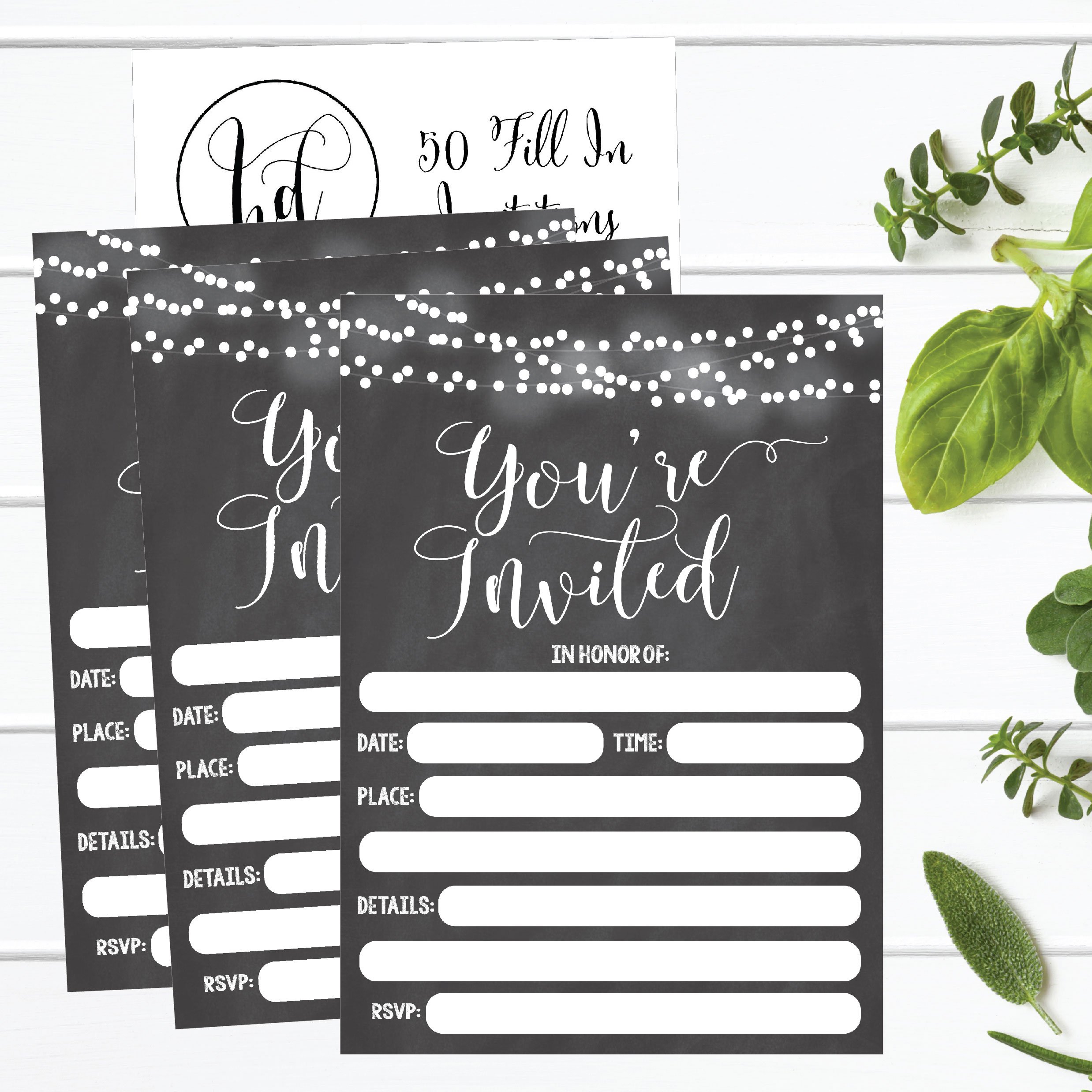 Hadley Designs 50 Rustic Invitations, Chalk Bridal or Baby Shower, Chalkboard Birthday, Wedding Rehearsal Invites, Engagement Bachelorette Reception Anniversary, Housewarming, Graduation, Sweet 16