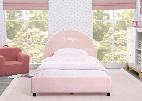 Delta Children Personalized Upholstered Twin Size Bed with Round Headboard, Premium Wood Slat Support, No Box Spring Needed, Easy Assembly, Pink/Velvet Piping