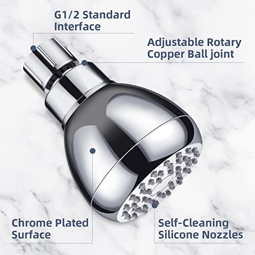 Cobbe High Pressure Shower Head, 3 Inches Anti-Clogging Silicone Nozzles Fixed Showerhead, Adjustable Swivel Brass Ball, Bathroom Rain Shower Heads (Chrome)