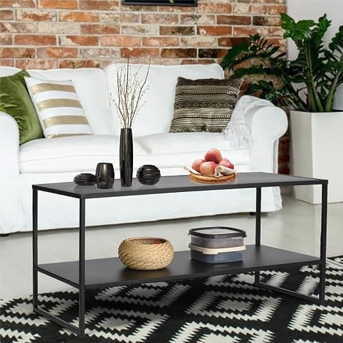 Koreyosh Modern Coffee Table, 2-Tier Industrial Coffee Table with Storage Shelf, Rectangular Table for Living Room,Black