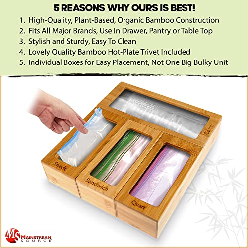 Mainstream Source® Bamboo Zip Bag Organizer Set – Baggie Organizer Set for Snacks and Sandwiches, Holds Quart & Gallon Ziplock Bags, Includes Bamboo Trivet
