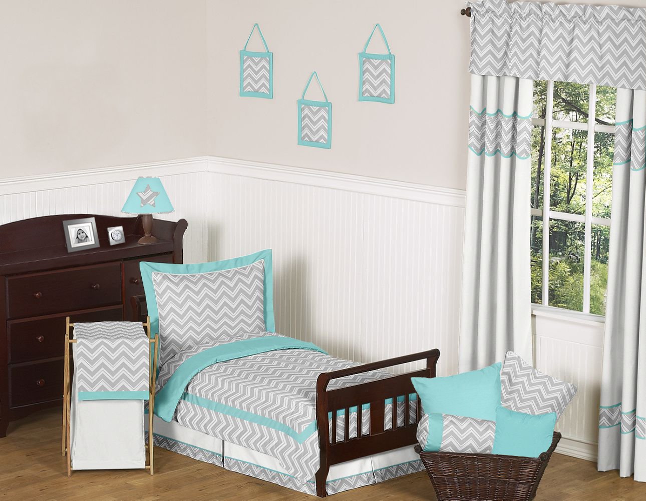 Turquoise and Gray Chevron Zig Zag Fabric Memory/Memo Photo Bulletin Board by Sweet Jojo Designs