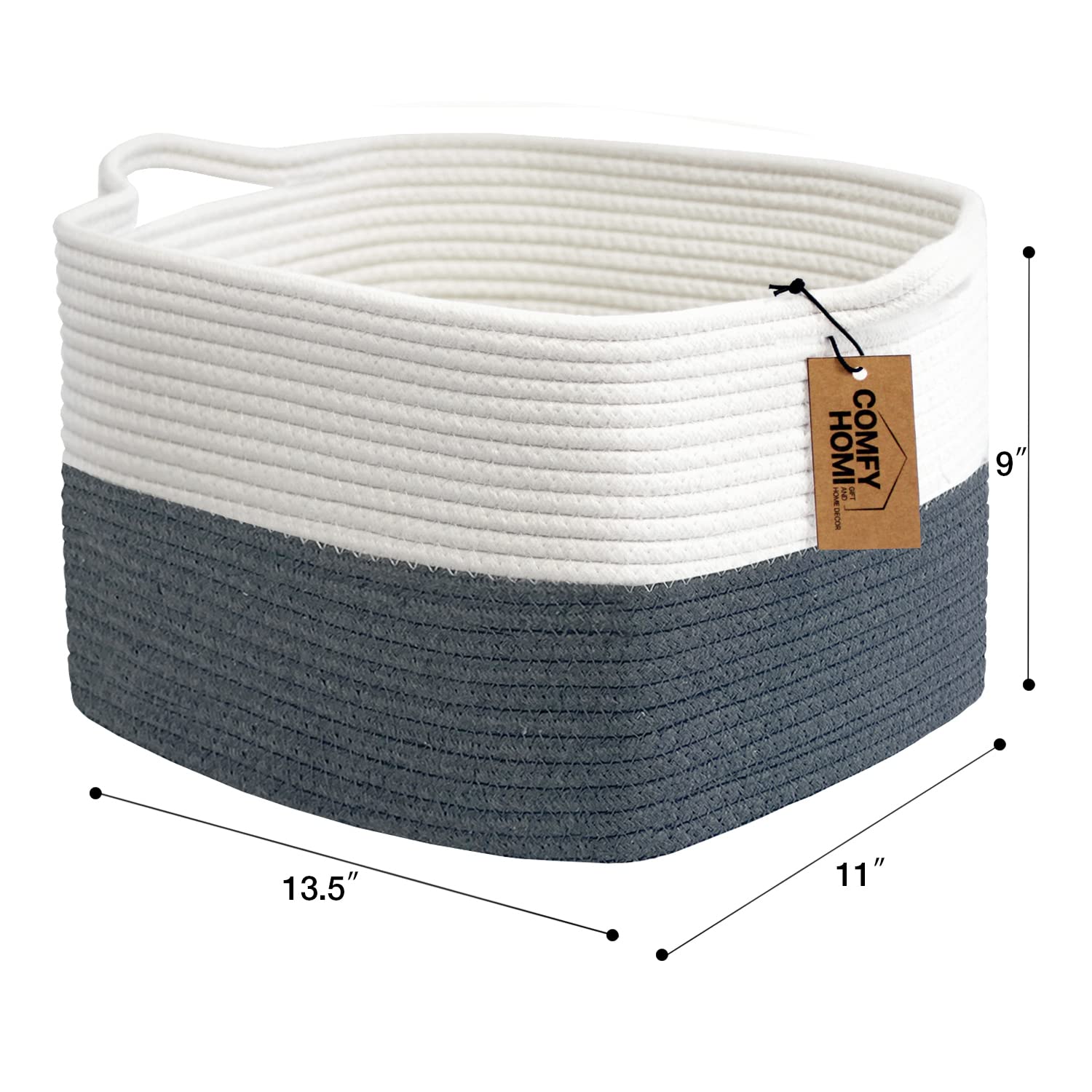 COMFY-HOMI Tall Rope Basket 18X16”(White and Grey)And Square cotton rope basket 13.5X11X9.5” with Handle (White and Dark Grey)