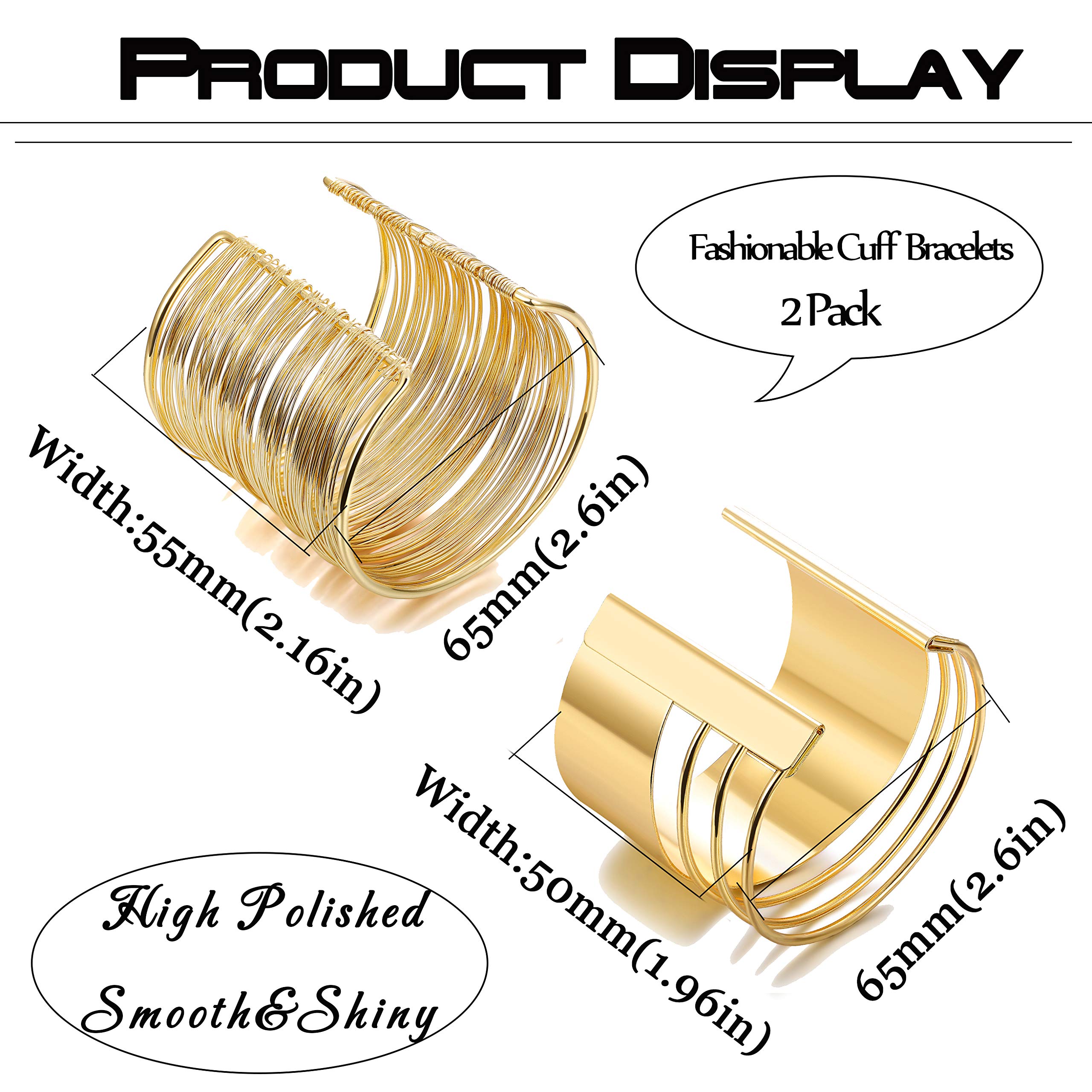 Besteel 2 Pcs Cuff Bangle Bracelet Set for Women Open Wide Wire Bracelets Adjustable Gold Sliver-Tone Plated (Gold-tone A)